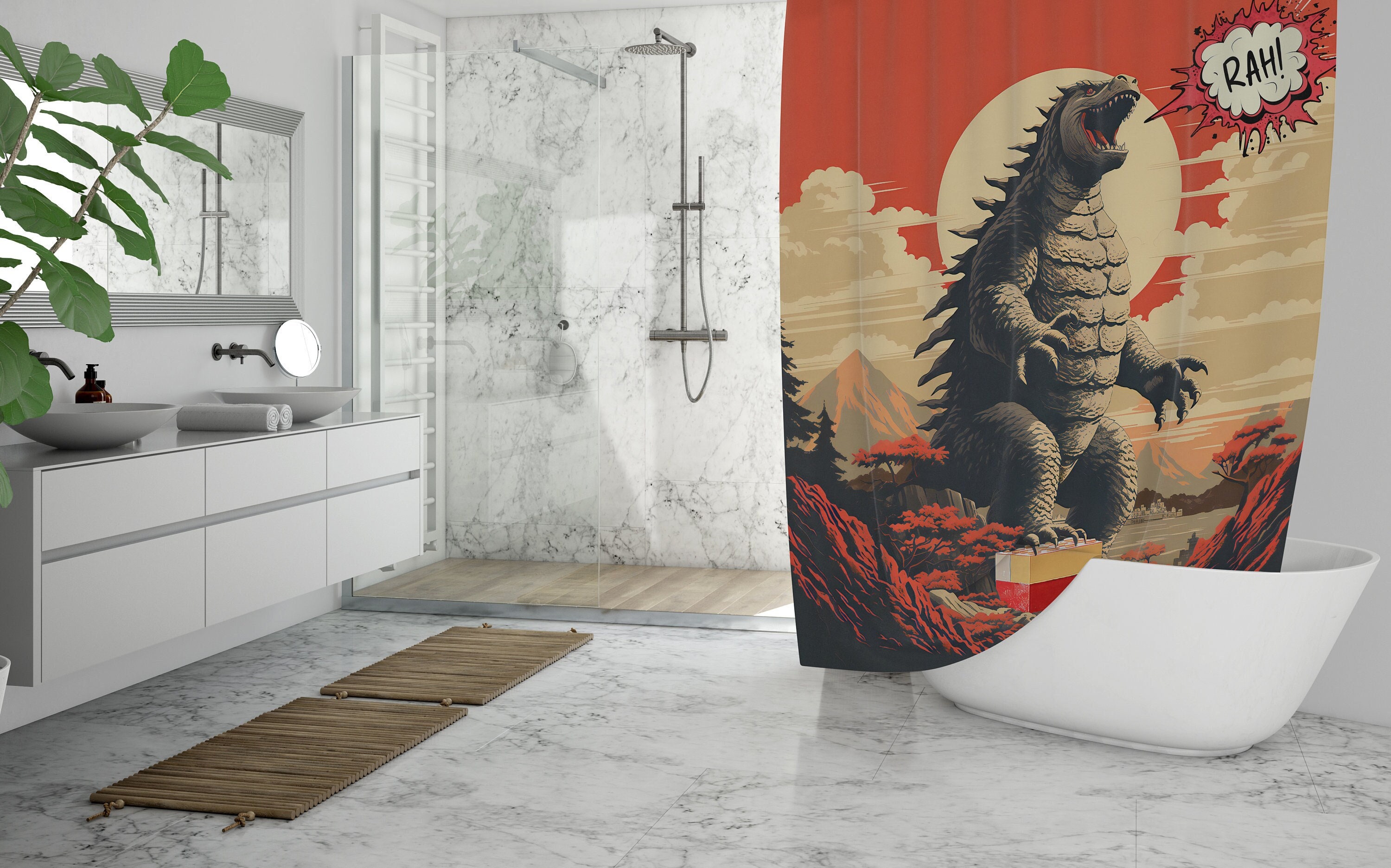 Funny Shower Curtain Godzilla Stepping on A Lego Japanese Shower ...