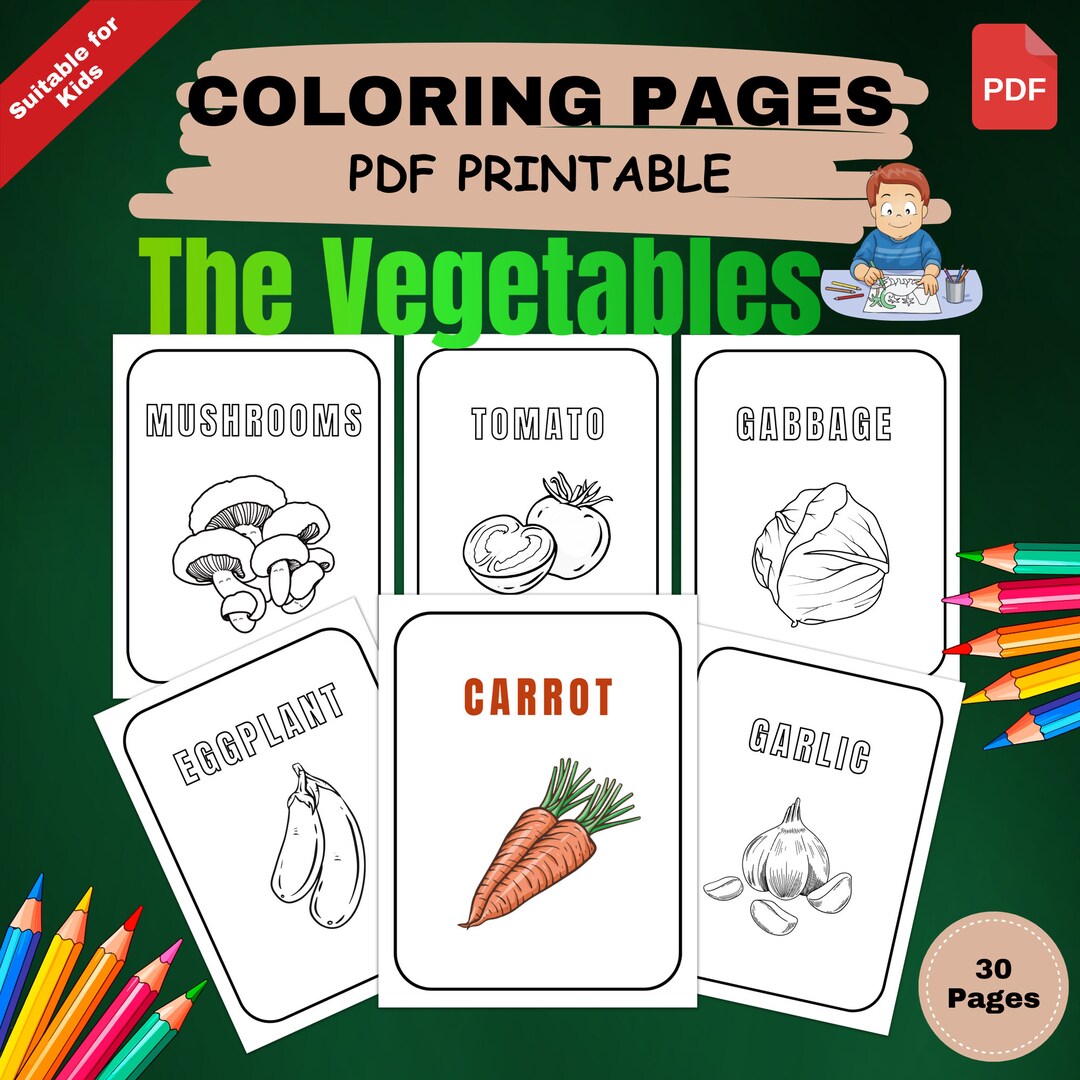 Vegetable Coloring Pages for Kids-30 Pages, Printable PDF, 8.5x11 ...