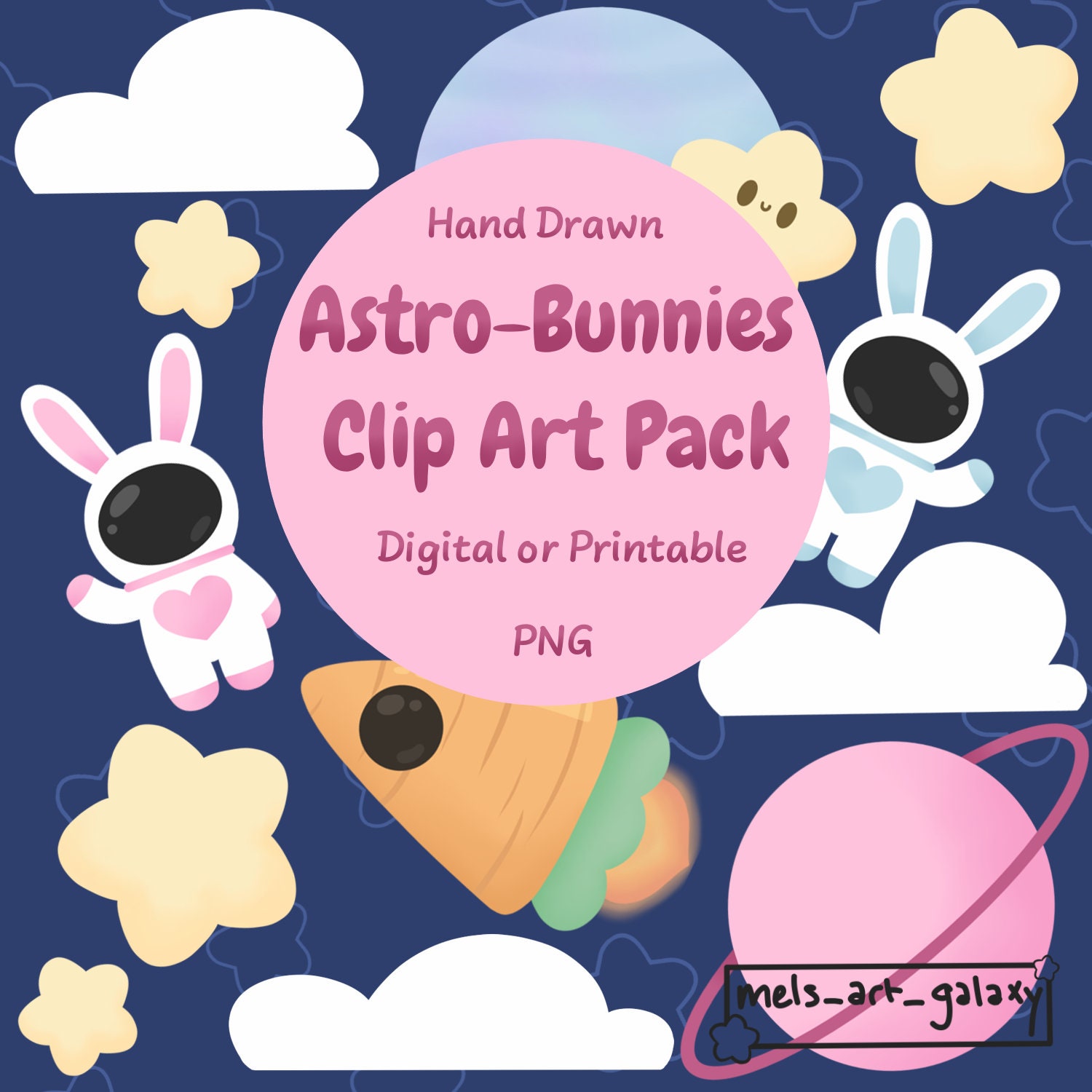 Space Bunny Pastel Clip Art Pack, Rabbits in Space, Celestial-themed ...