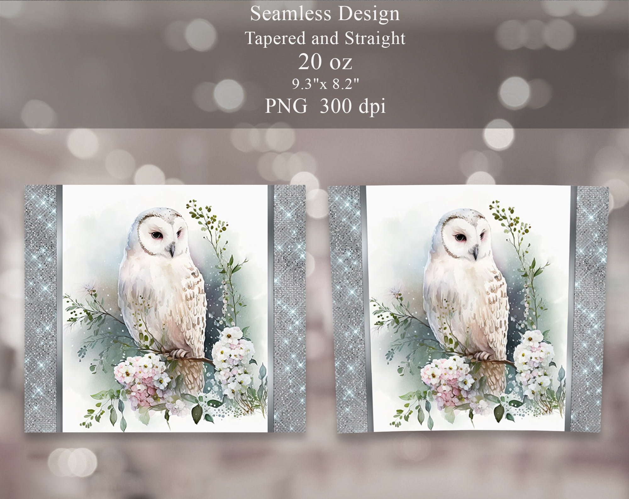 Polar Owl Glitter Tumbler Sublimation Wrap Watercolor Seamless Straight ...
