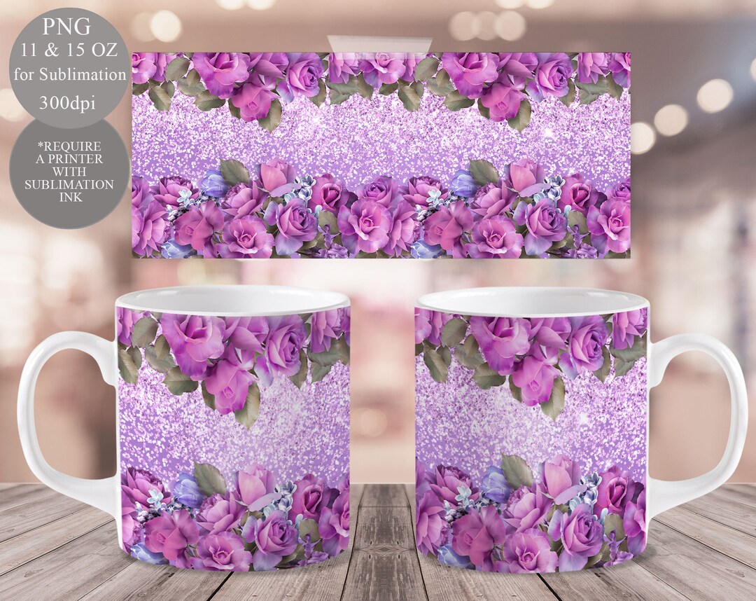 Flowers Mug Wrap Template PNG Glitter Mug Sublimation Design 11oz & 15 ...