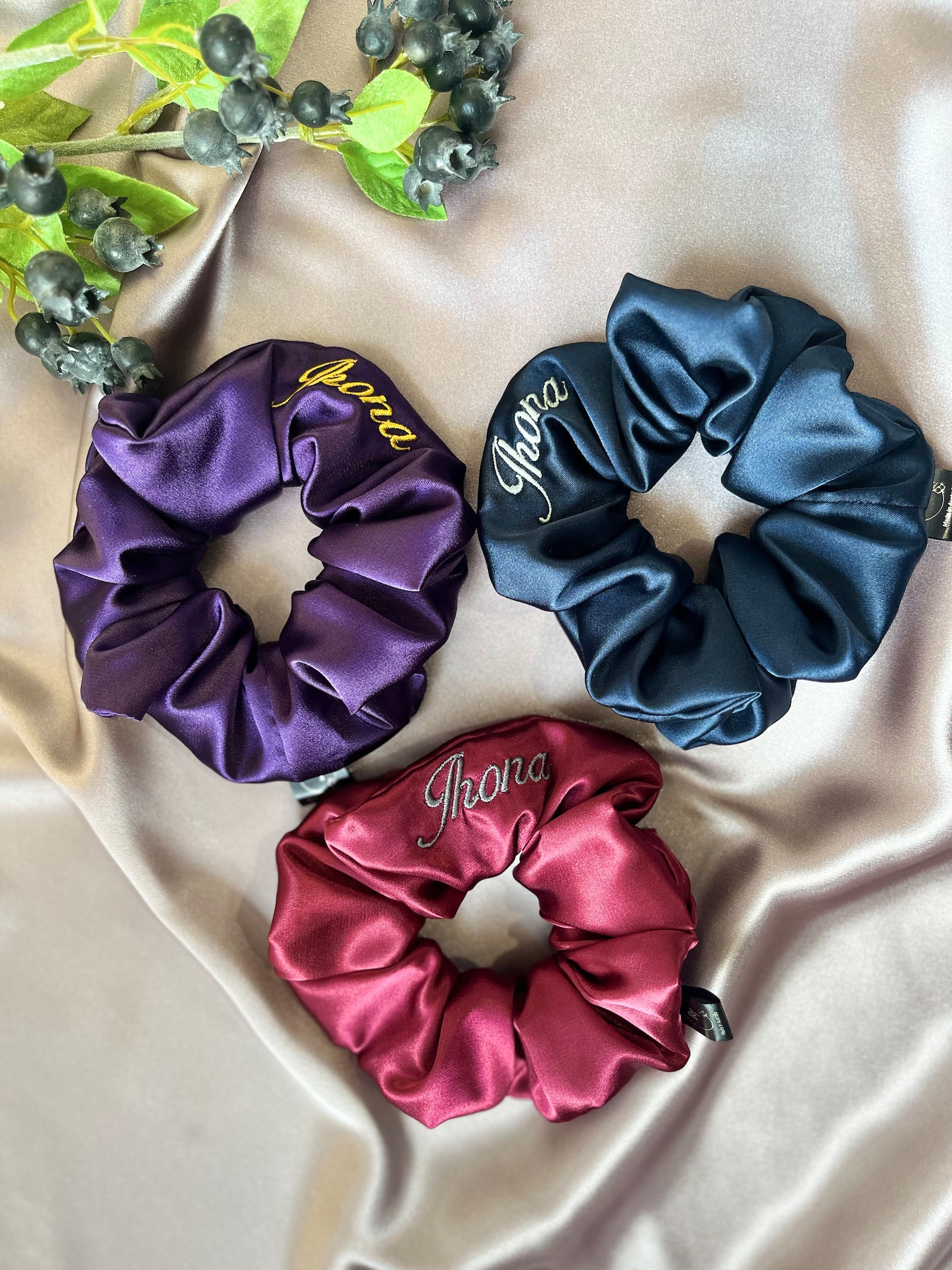 Embroidered Silk Satin Scrunchies - Name, Letters, Word, Numbers ...