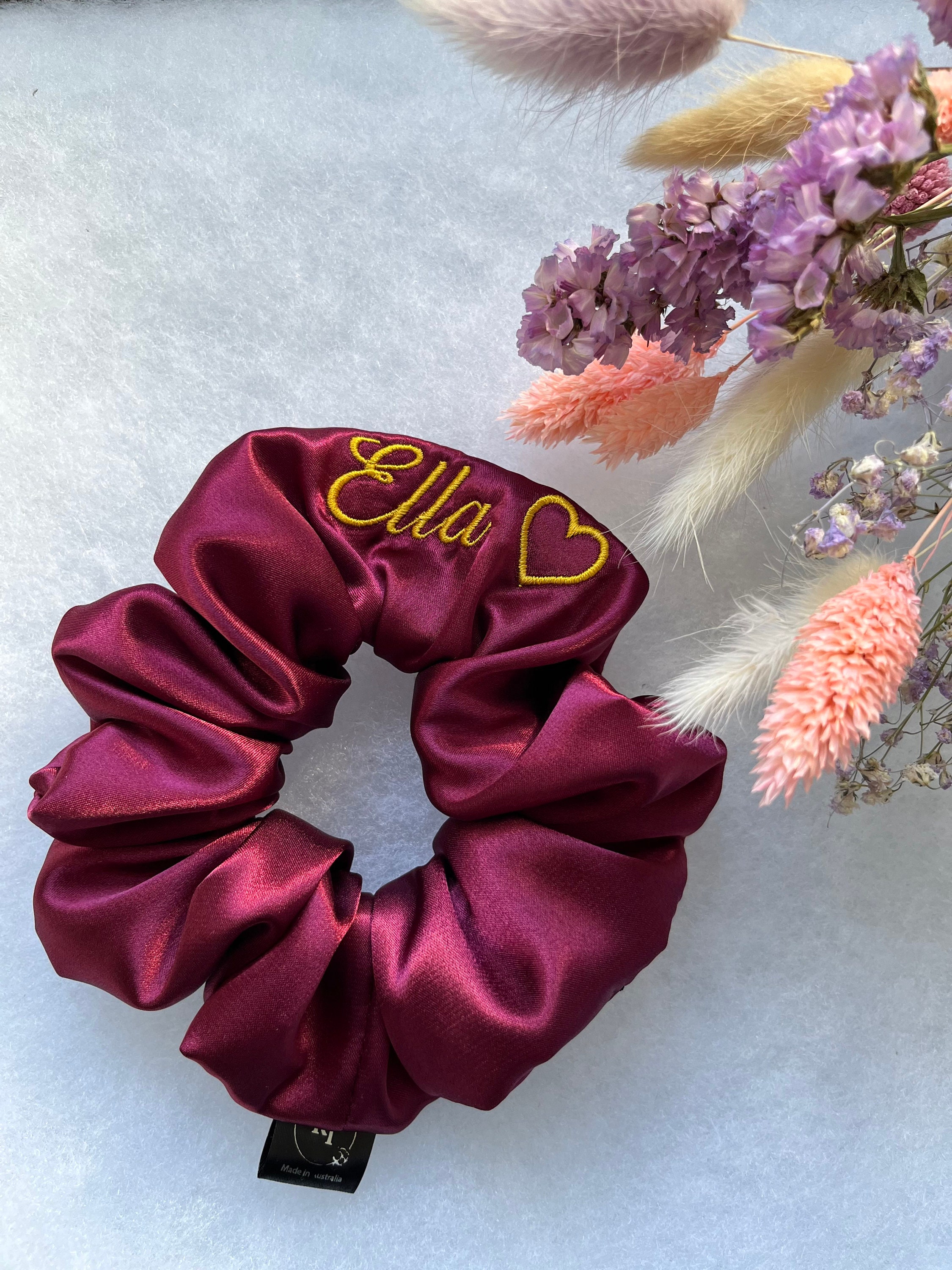 Embroidered Silk Satin Scrunchies - Name, Letters, Word, Numbers ...