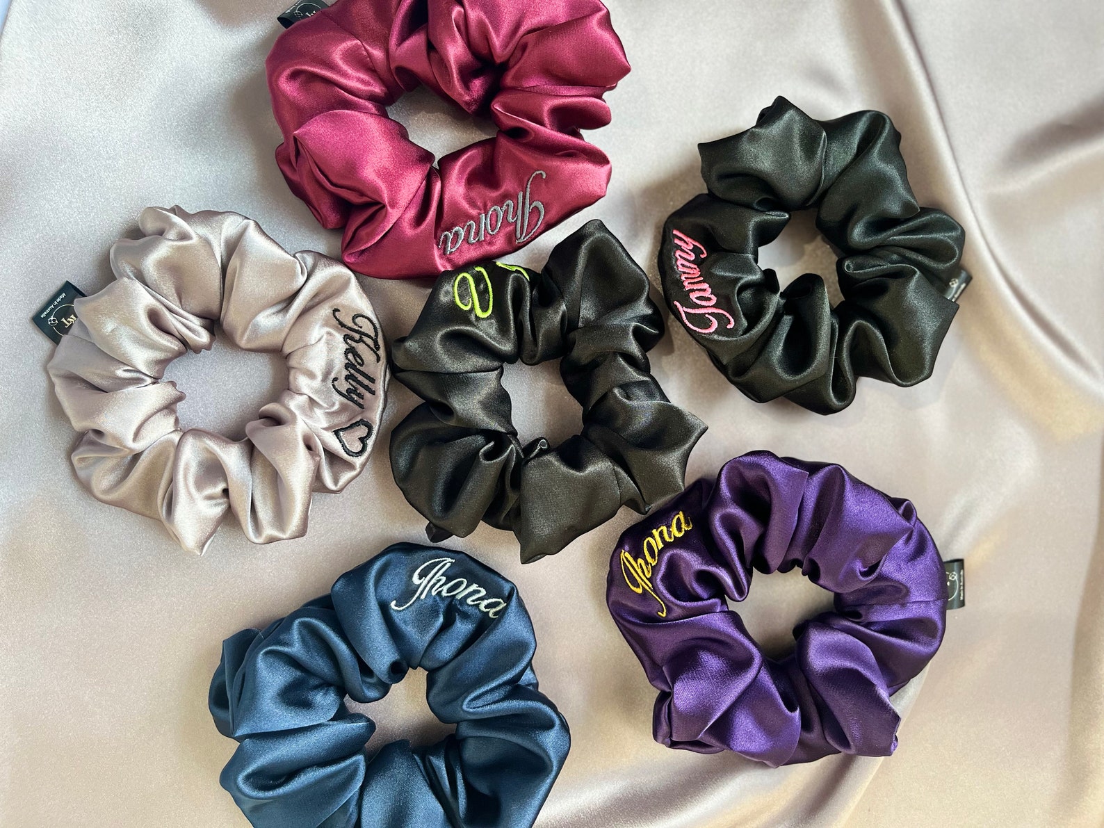 Embroidered Silk Satin Scrunchies - Name, Letters, Word, Numbers ...