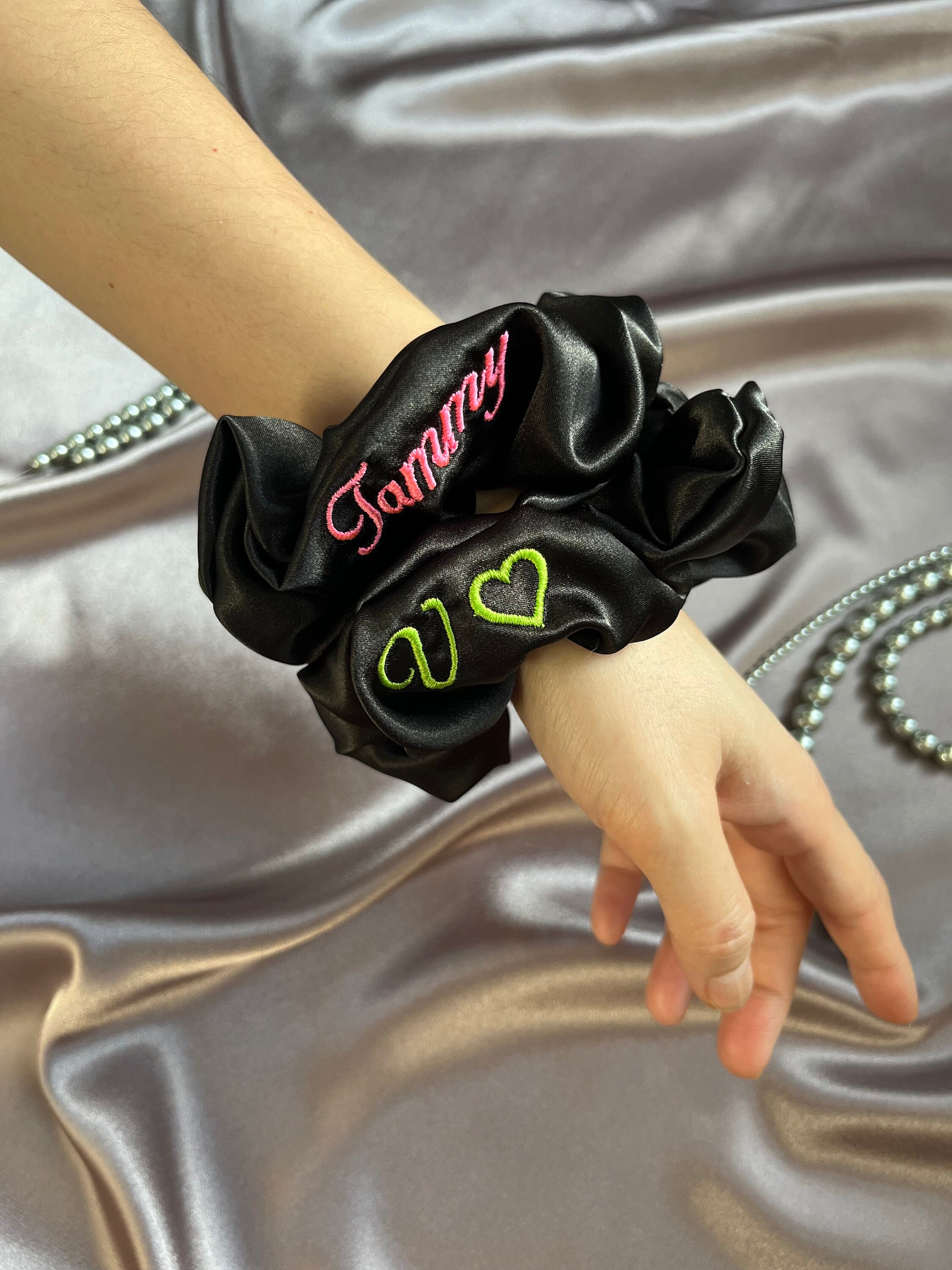 Embroidered Silk Satin Scrunchies - Name, Letters, Word, Numbers ...