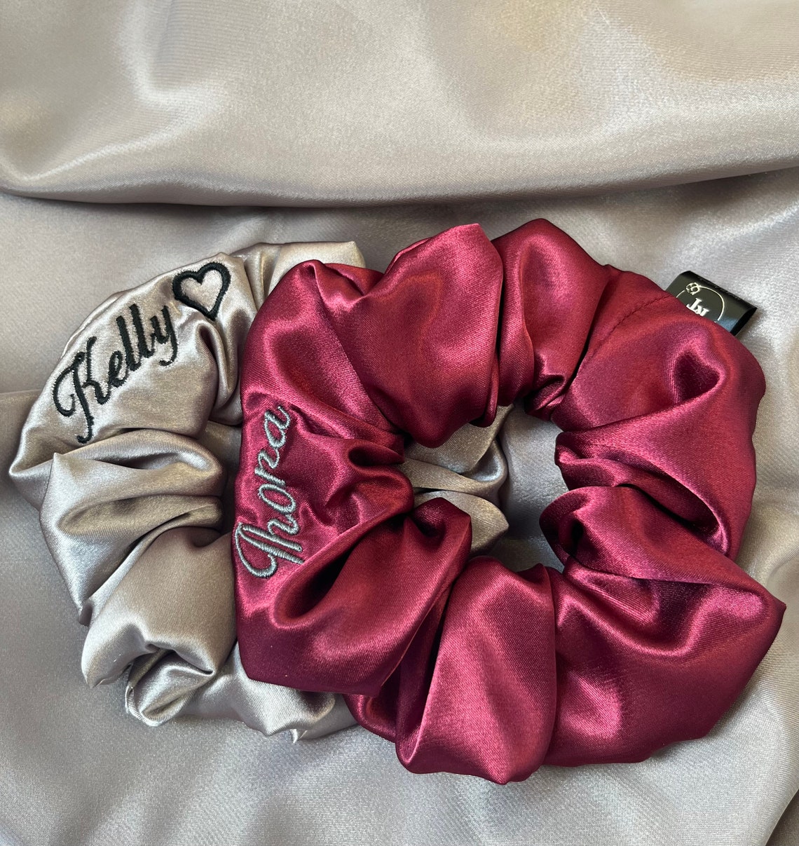 Embroidered Silk Satin Scrunchies - Name, Letters, Word, Numbers ...