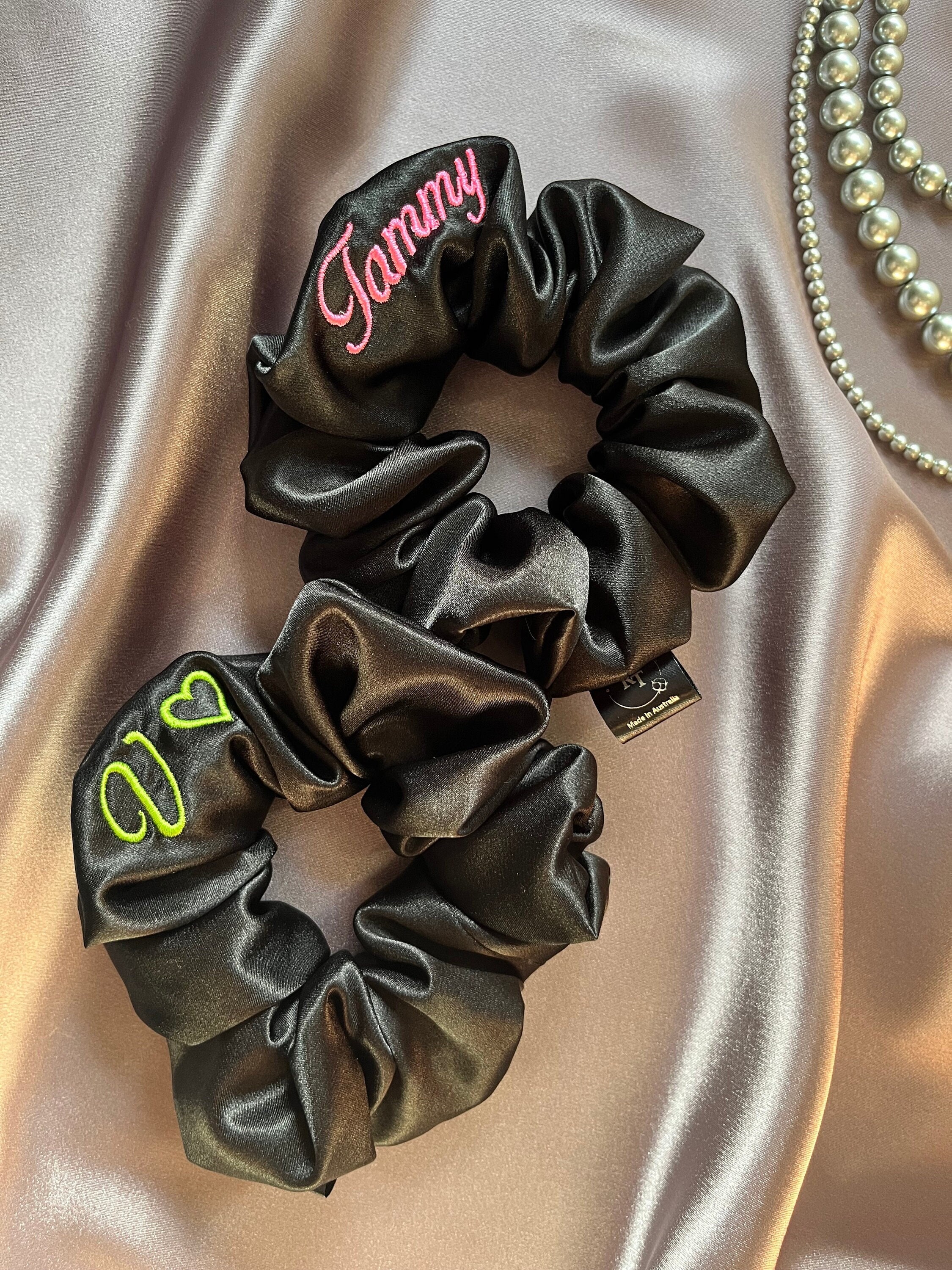 Embroidered Silk Satin Scrunchies - Name, Letters, Word, Numbers ...