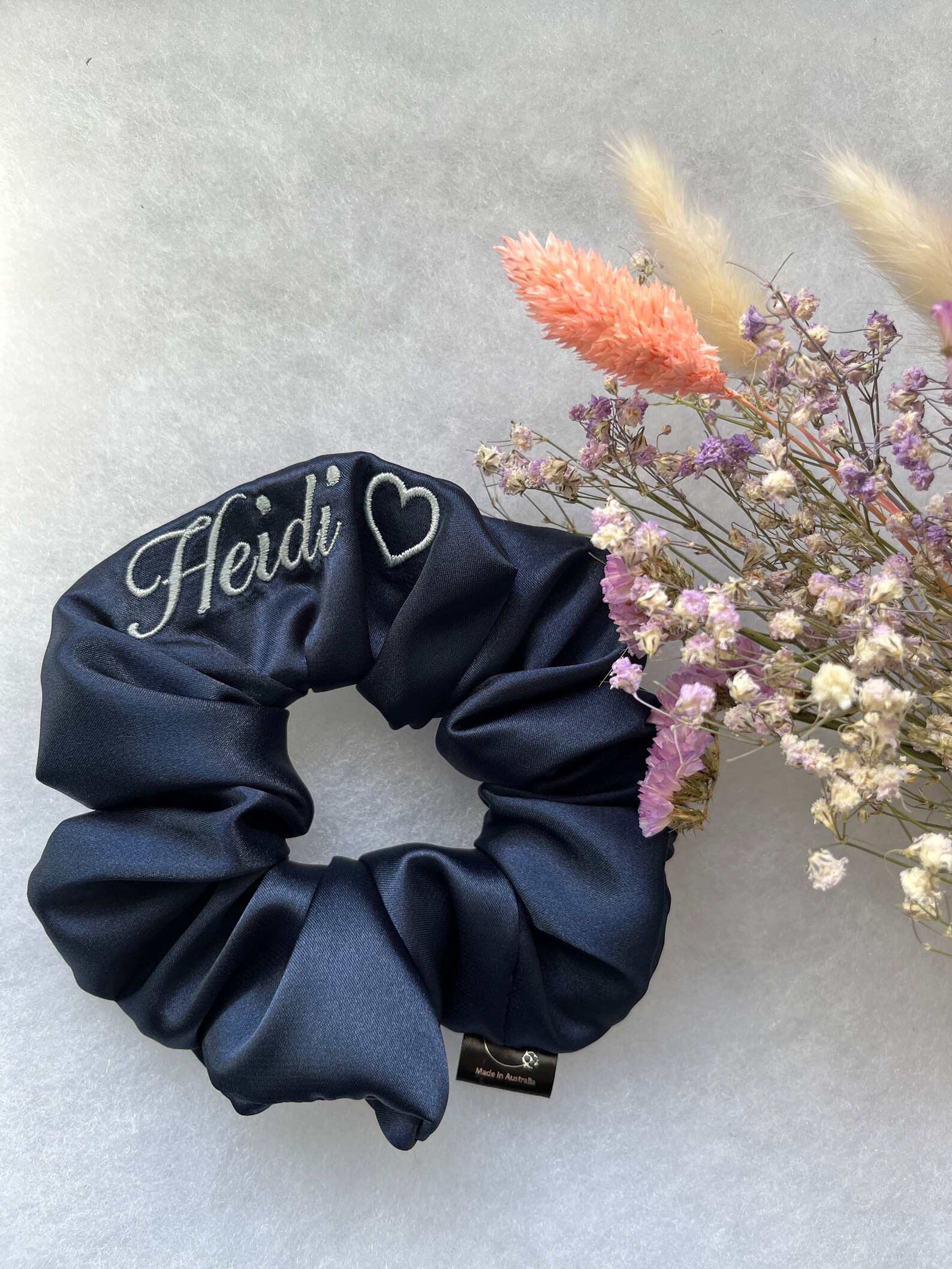 Embroidered Silk Satin Scrunchies - Name, Letters, Word, Numbers ...