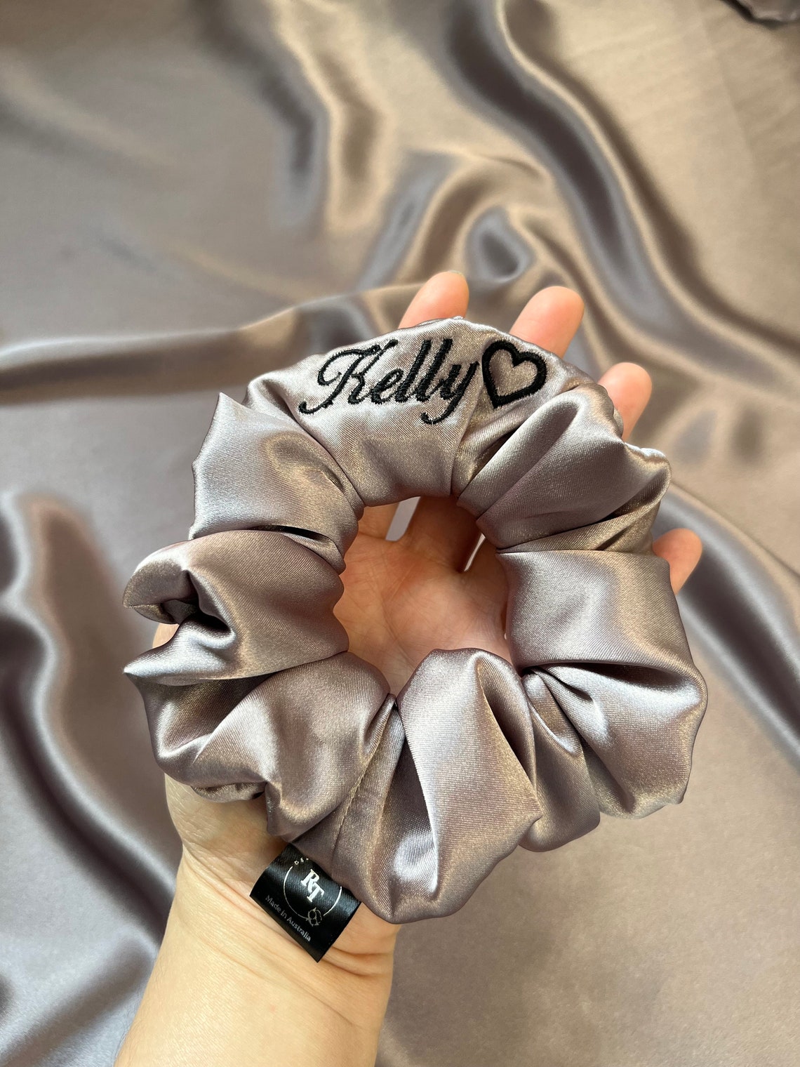 Embroidered Silk Satin Scrunchies - Name, Letters, Word, Numbers ...