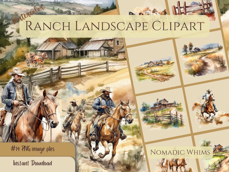 Watercolor Ranch Landscape-clipart, Cowboy Clipart, Mustang Art ...