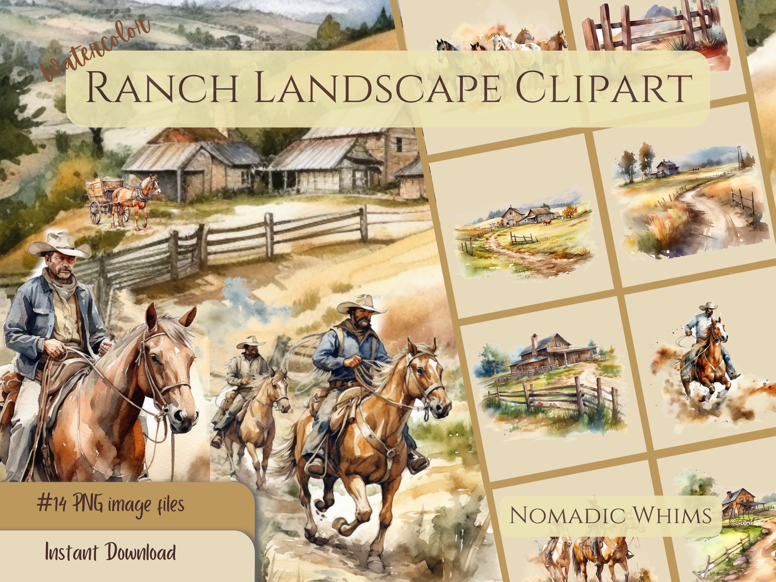 Watercolor Ranch Landscape-clipart, Cowboy Clipart, Mustang Art ...