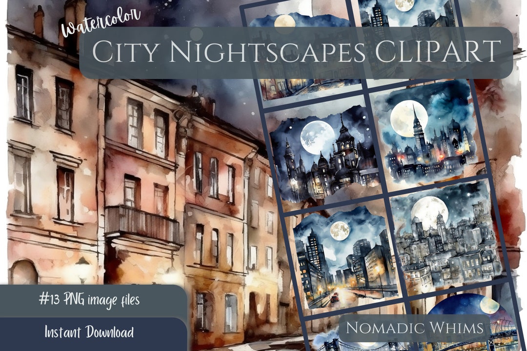 City Nightscape Clipart, Digital Download, Night Sky, City PNG, Vintage ...