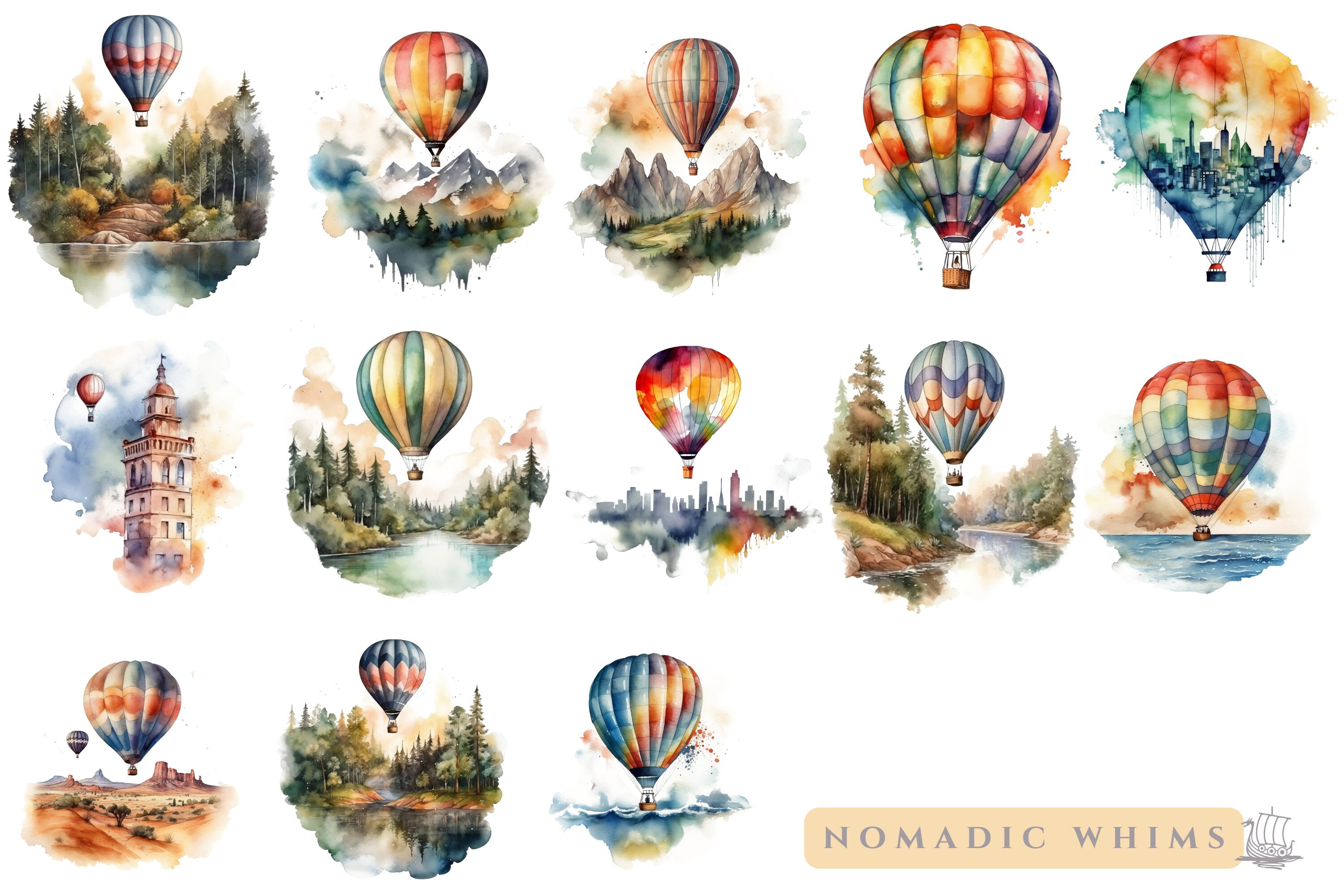 Watercolor Hot Air Balloons Clipart. 12+ High Quality PNG Giles ...