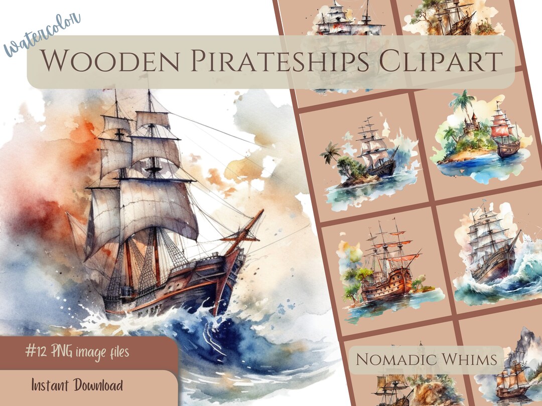 Wooden Pirate Ship Clipart Bundle - 12 Nautical Vessels Sailing the ...