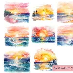 Watercolor Beach Sunset Clipart, 300 DPI, Commercial Use, Tropical Sunset, Ocean Sunset - Etsy
