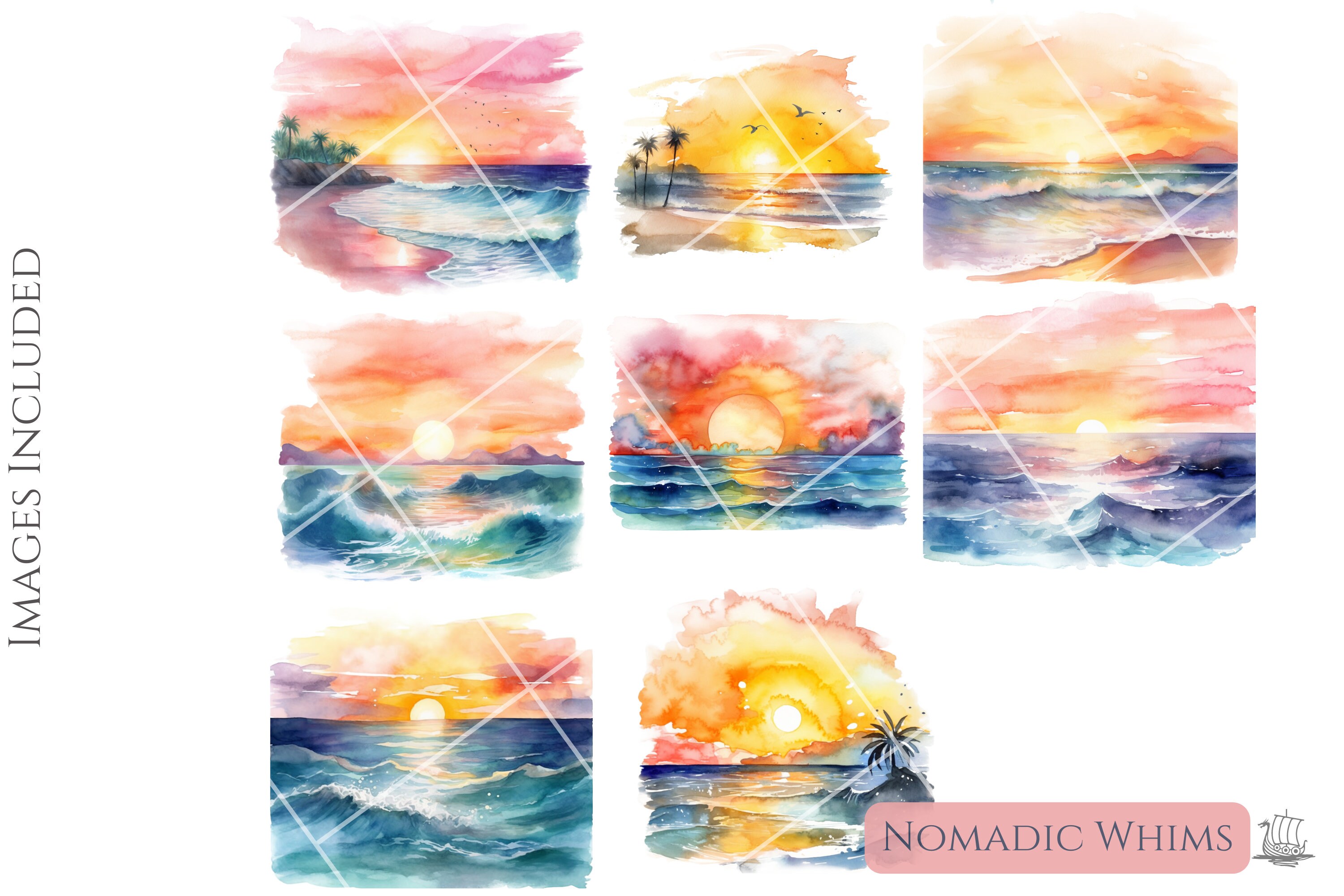 Watercolor Beach Sunset Clipart, 300 DPI, Commercial Use, Tropical ...