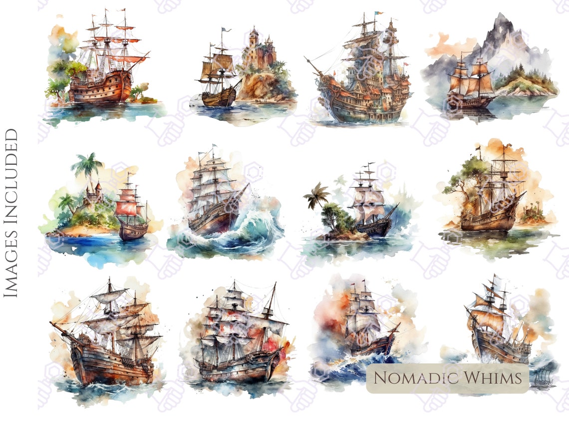 Wooden Pirate Ship Clipart Bundle - 12 Nautical Vessels Sailing the ...