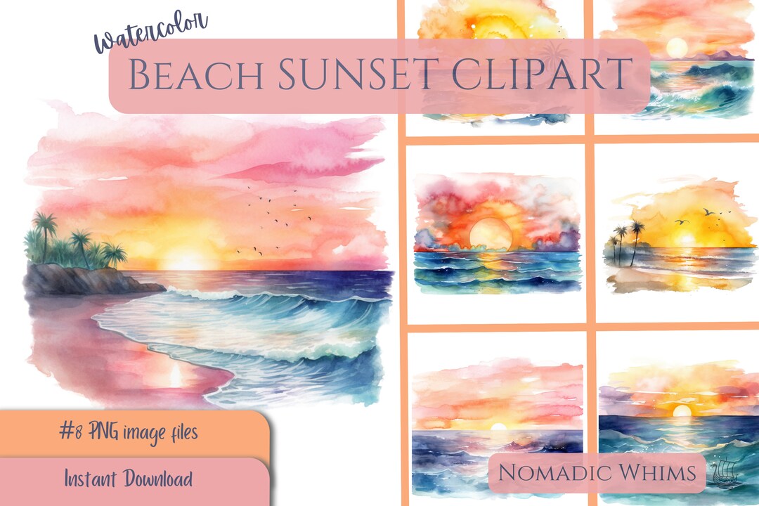 Watercolor Beach Sunset Clipart, 300 DPI, Commercial Use, Tropical ...