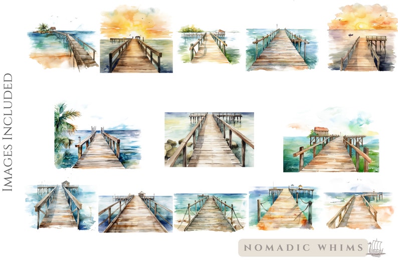 Watercolor Beach Dock Scenes- 300DPI, Commercial Use, Beach Pier ...