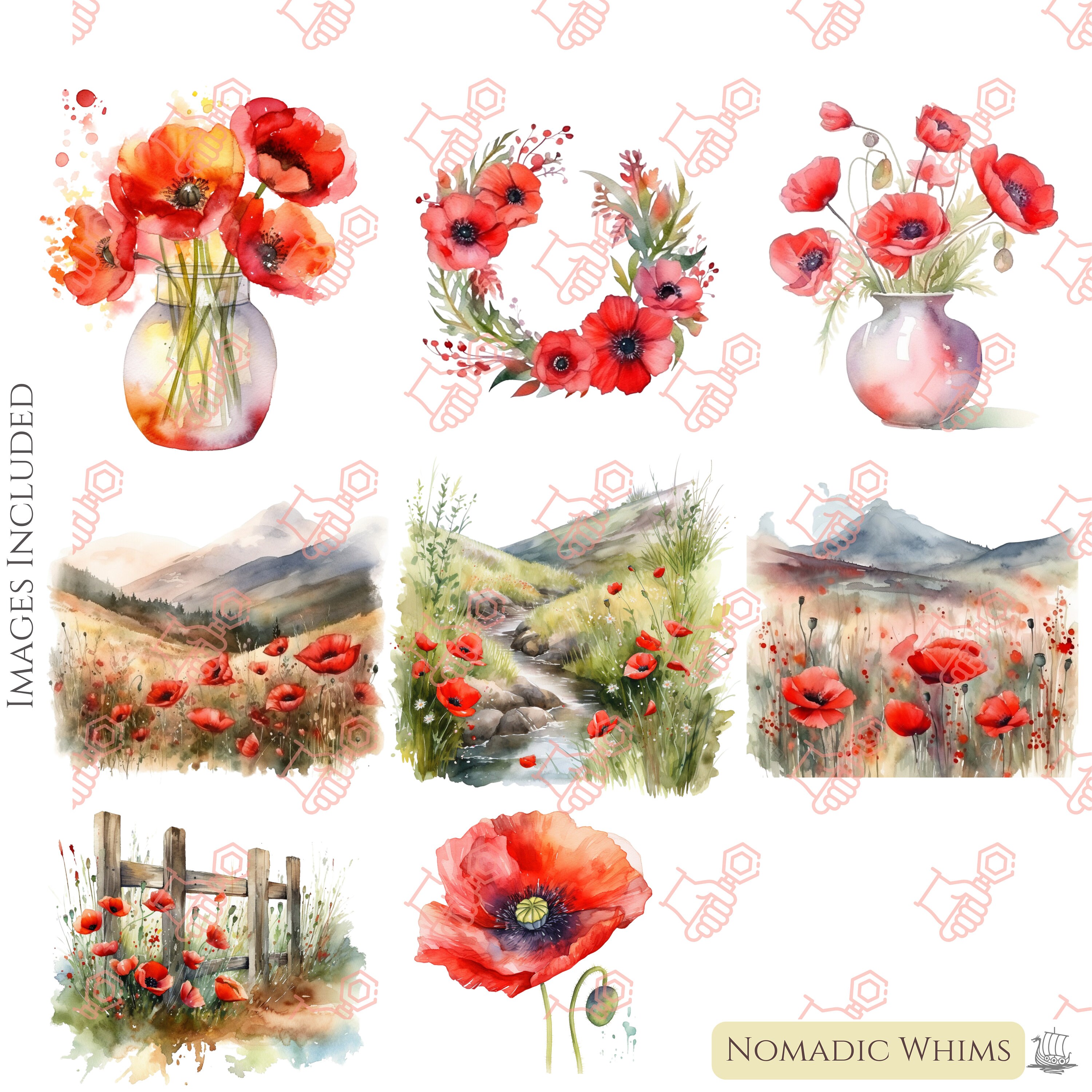 15vred Poppy Floral Clipart Bundle: Watercolor Blooms, Pngs for Birth ...