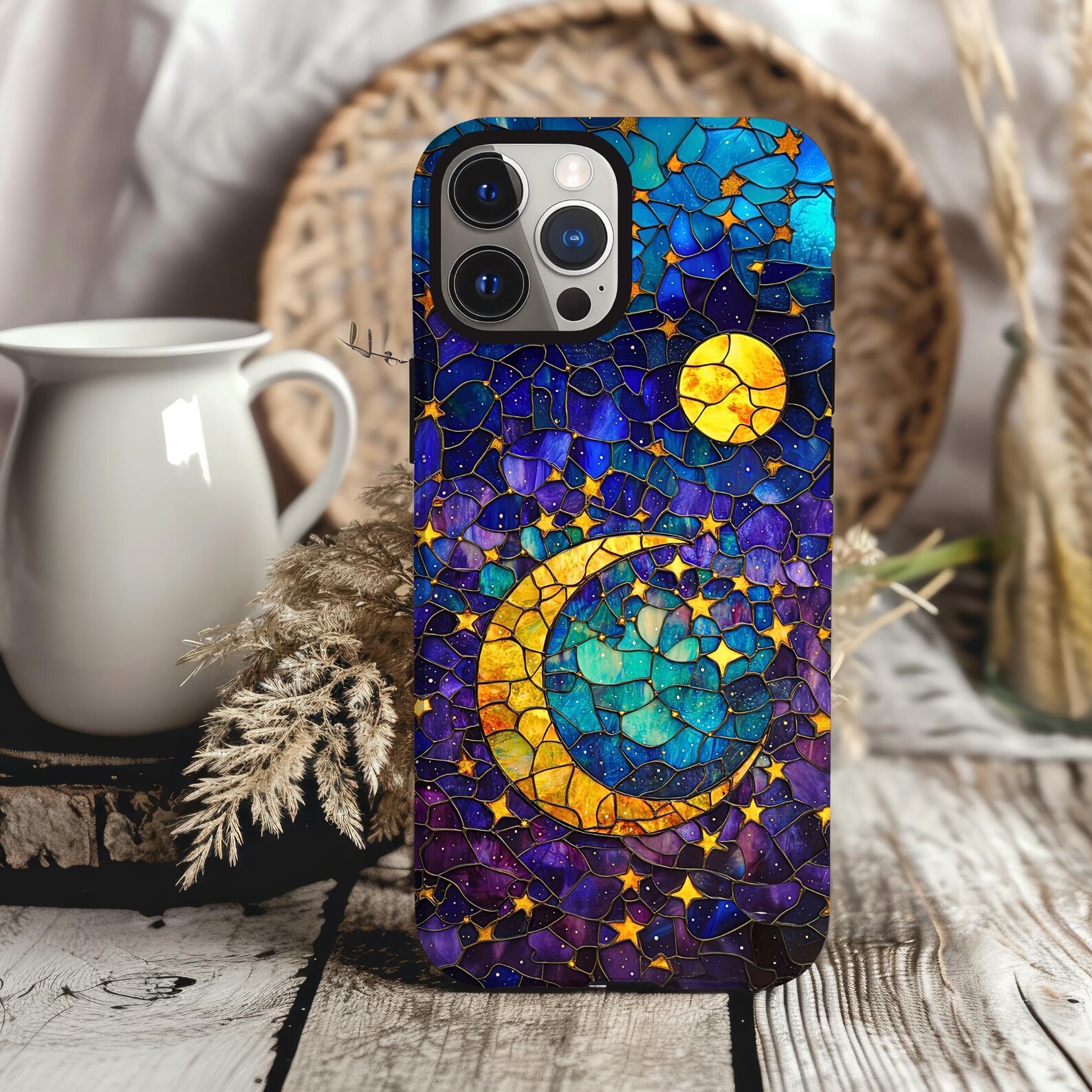 Celestial Stained Glass Look Phone Case 3D Moon and Stars Night Sky ...