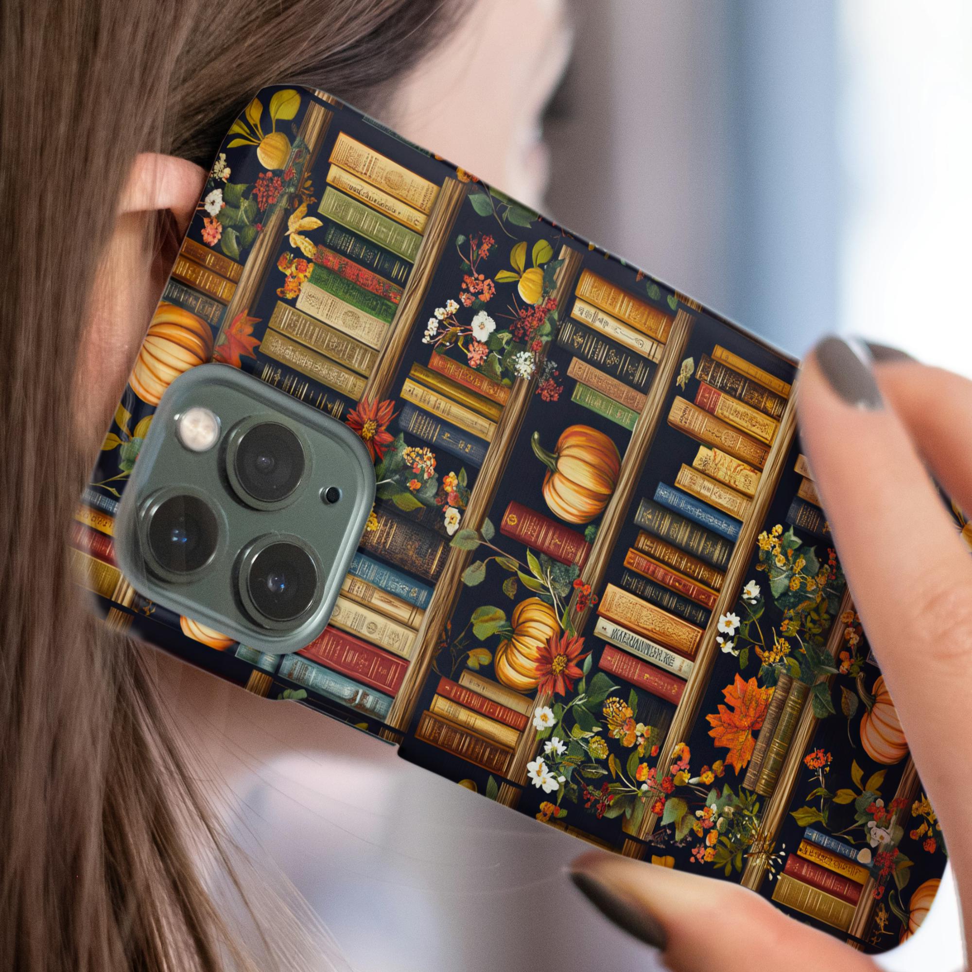 Bookish Fall Bookshelf Phone Case, Cute Autumn Library Bookcase, iPhone ...