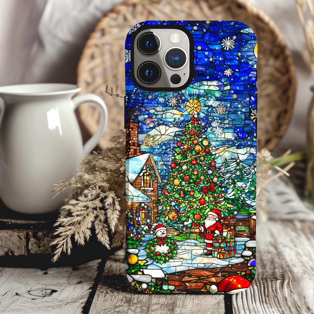 Christmas Tree Phone Case Faux Stained Glass Winter Forest Cover ...