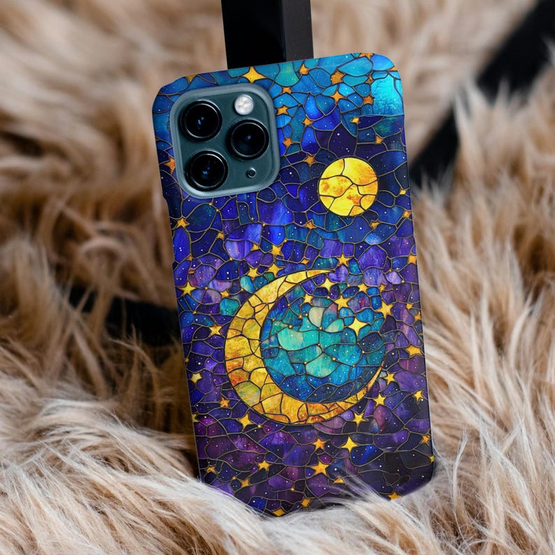 Celestial Stained Glass Look Phone Case 3D Moon and Stars Night Sky ...