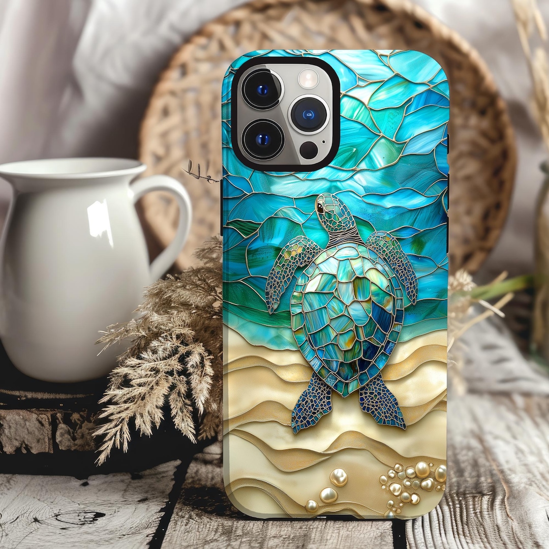 Stained Glass Sea Turtle Phone Case Cute Faux Glass Mosaic Ocean Design ...
