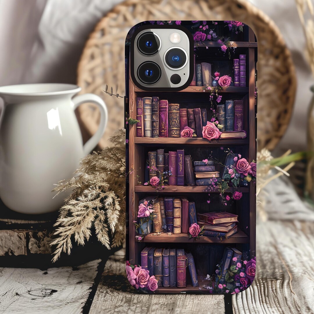 Bookish Floral Bookshelf Phone Case Purple Library Bookcase iPhone 15 ...
