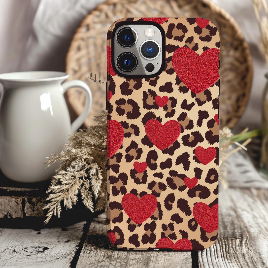 Red Heart and Cheetah Print Phone Case iPhone 15 14 13 12 11 Pro Max ...