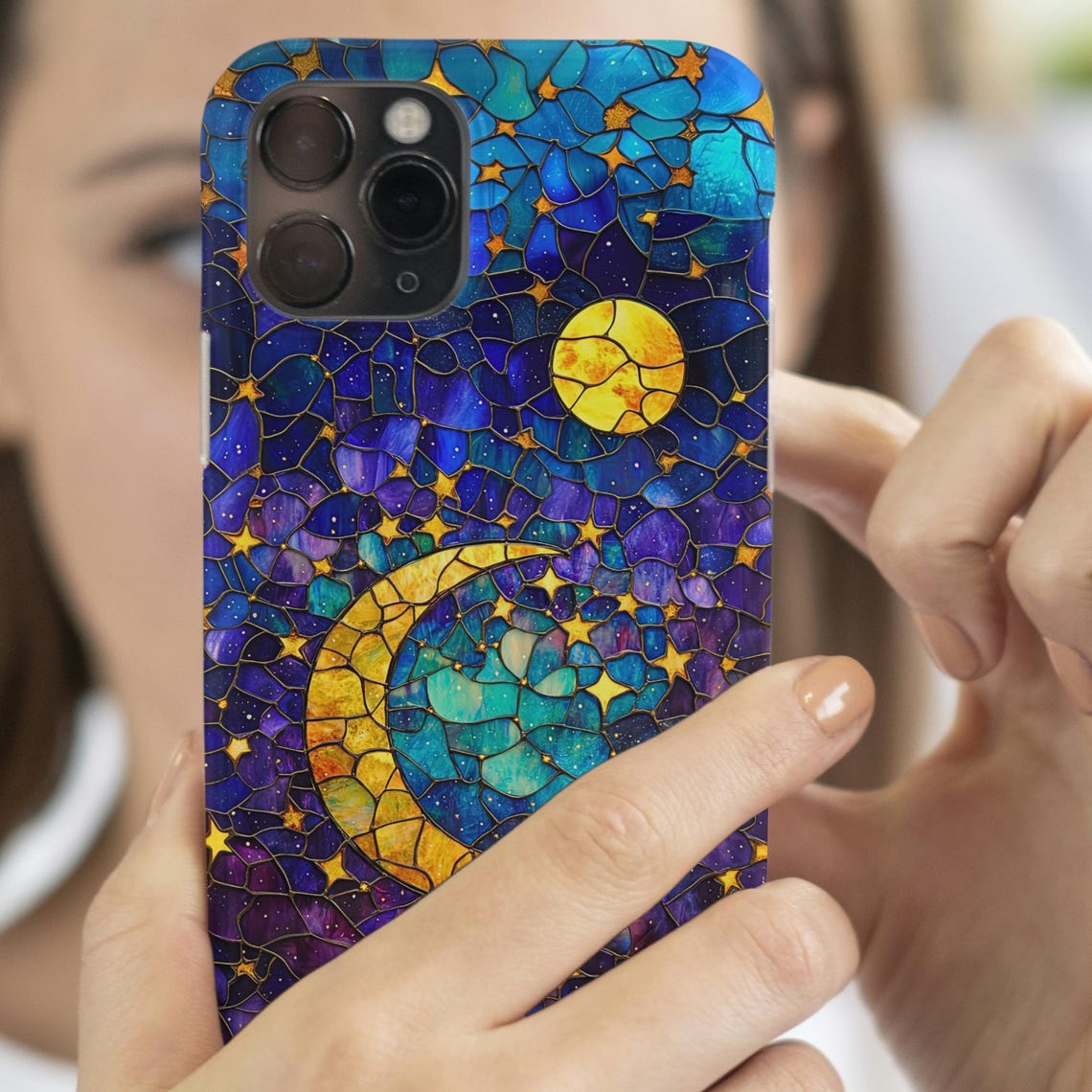 Celestial Stained Glass Look Phone Case 3D Moon and Stars Night Sky ...