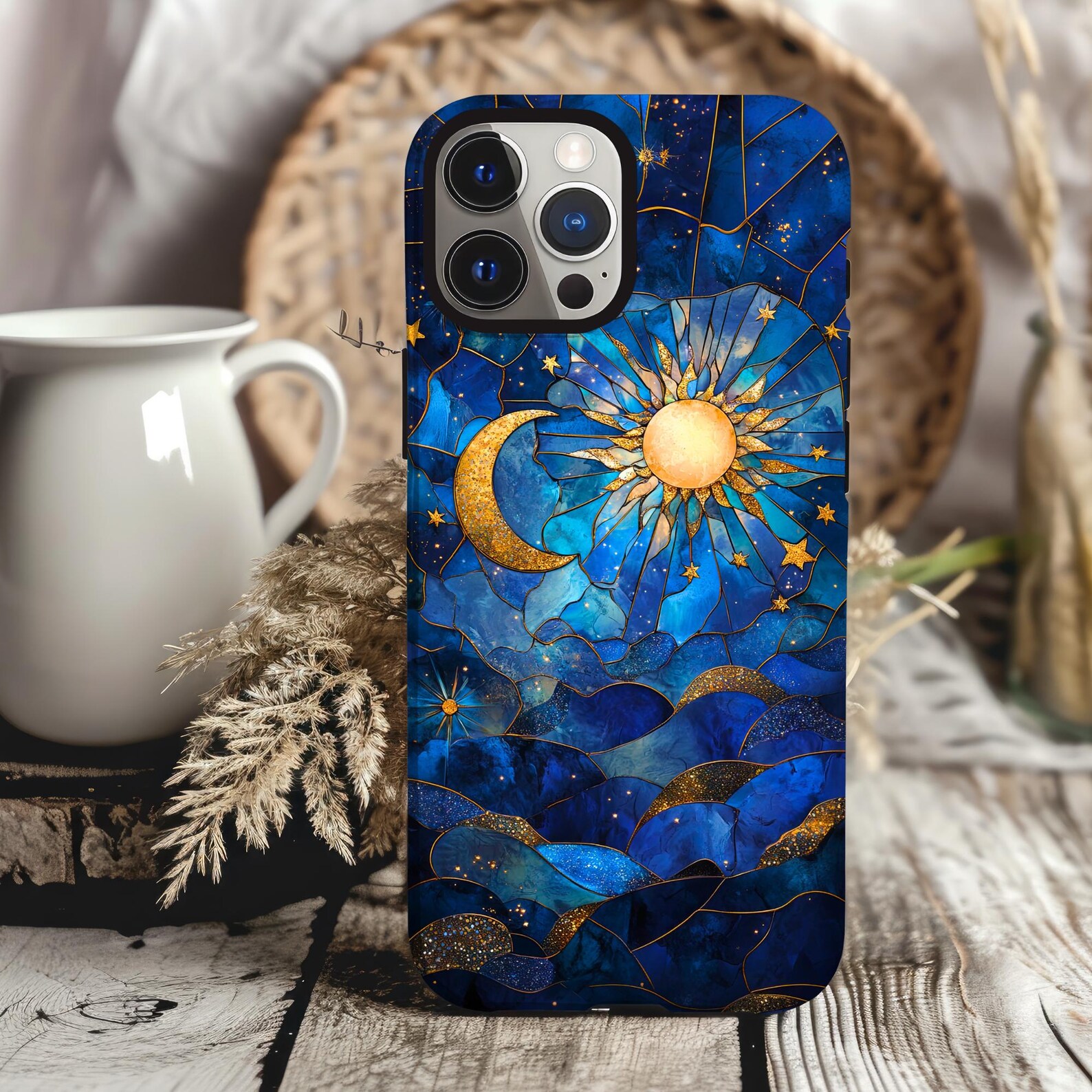 Celestial Stained Glass Moon and Stars Phone Case 3D Starry Night Sky ...