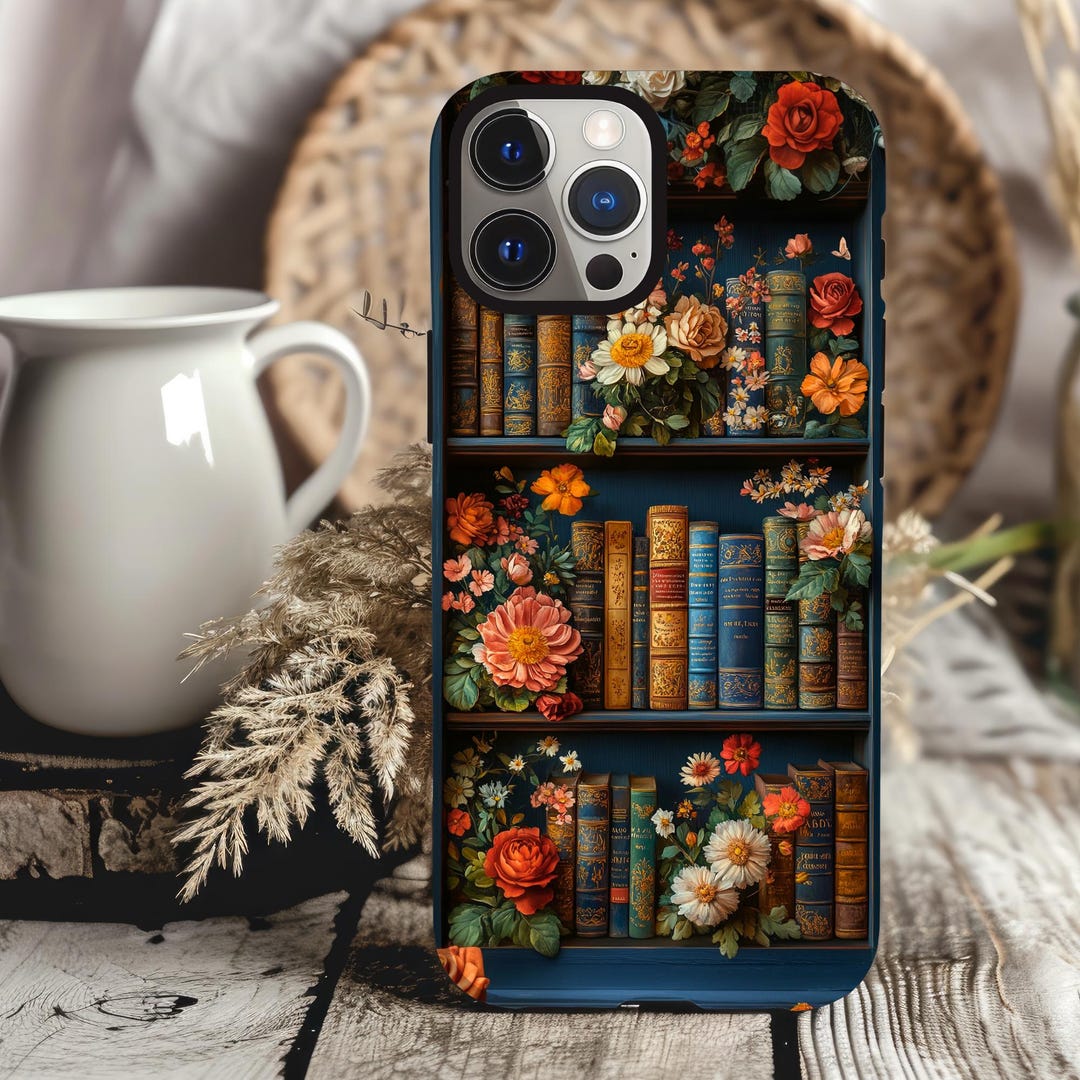 Bookish Floral Bookshelf Phone Case Cute Library Bookcase iPhone 15 14 ...