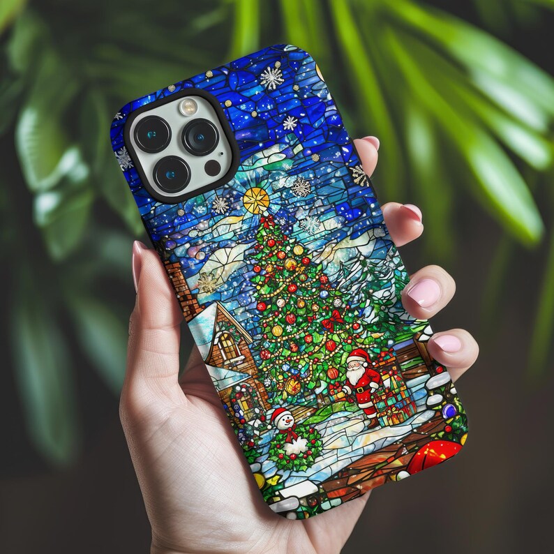Christmas Tree Phone Case Faux Stained Glass Winter Forest Cover ...