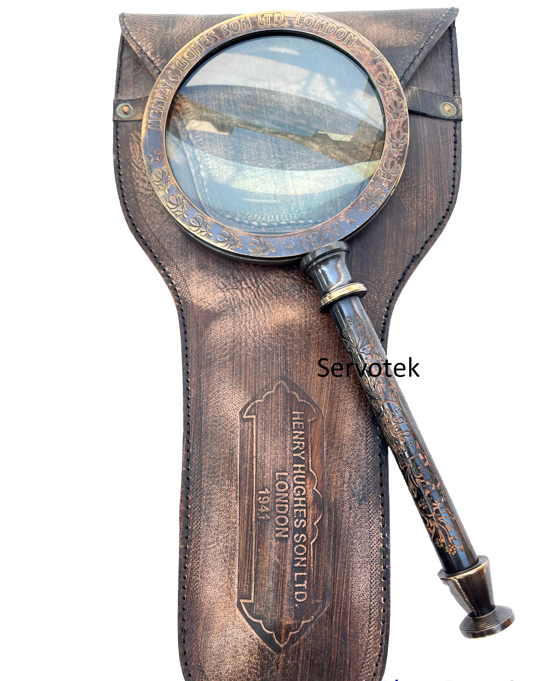 Victorian Engraved Handle Brass Magnifying Glass With Leather Cover ...