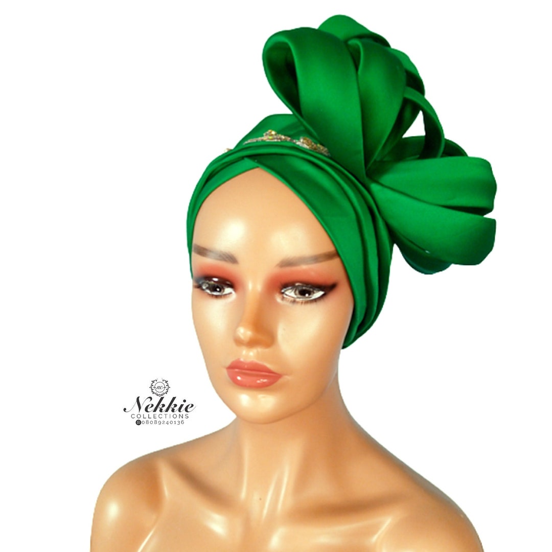 African Fashion Turban, Women Turban Hat, Green Headtie, Auto-gele ...