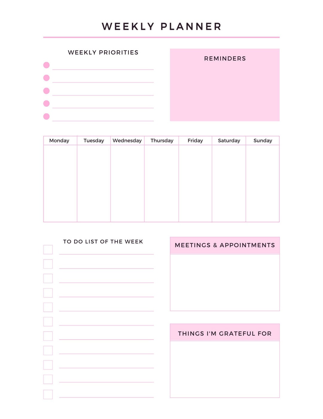 Weekly Planner, Weekly to Do List, Minimalist Weekly Schedule, Week at ...