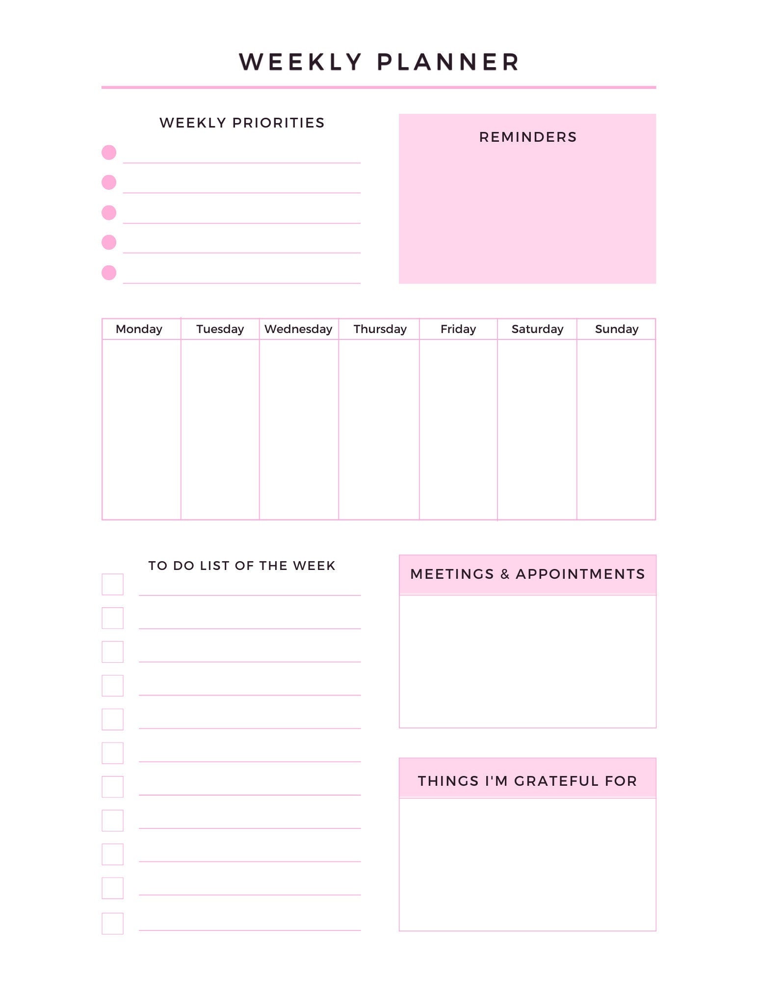 Weekly Planner, Weekly to Do List, Minimalist Weekly Schedule, Week at ...