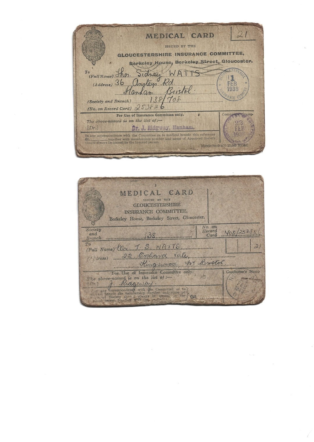 Original 1938 to 1946 Medical Cards X 2 Gloucestershire Insurance ...