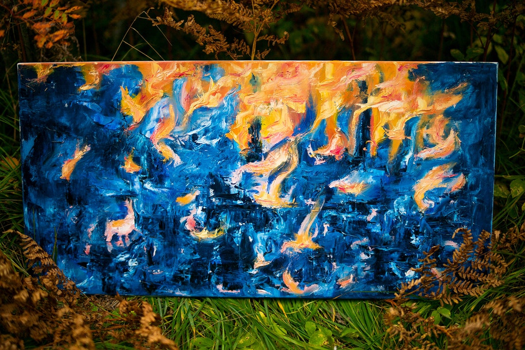 Abstract Oil Painting, "fire Deer" 2019, Blue and Teal - Etsy
