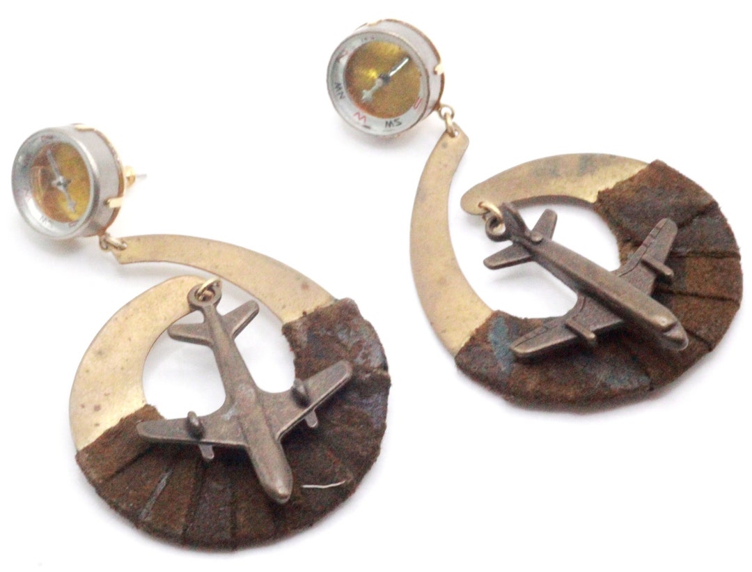 Vintage Folk Art Airplane Compass Handcrafted Dangle Statement 3 Long ...