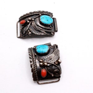 Vintage Sterling Silver Navajo Native American Turquoise Coral Leaf ...