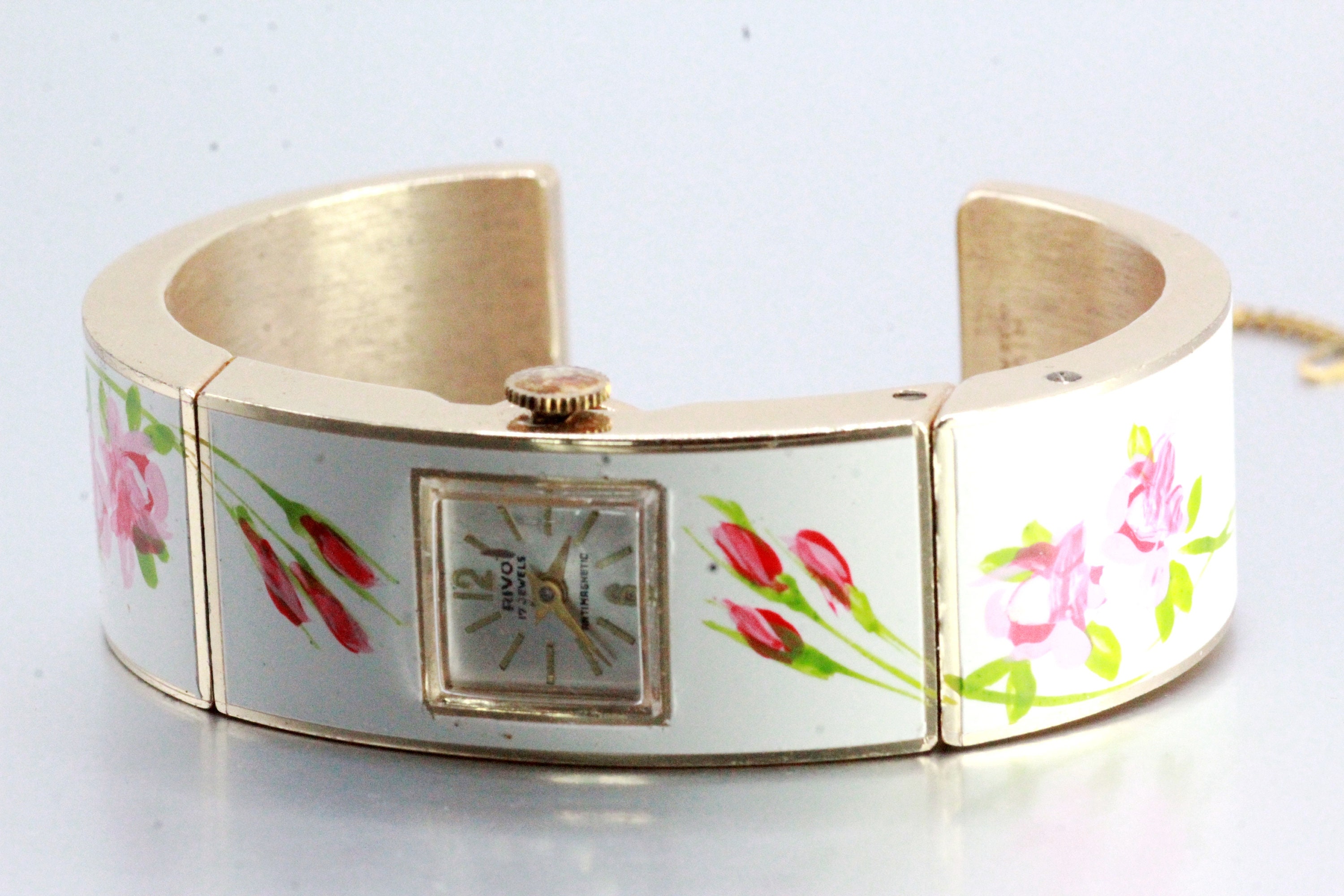 Rare Rivo White Pink Floral Enamel Gold Tone Wind up Wrist Watch - Etsy