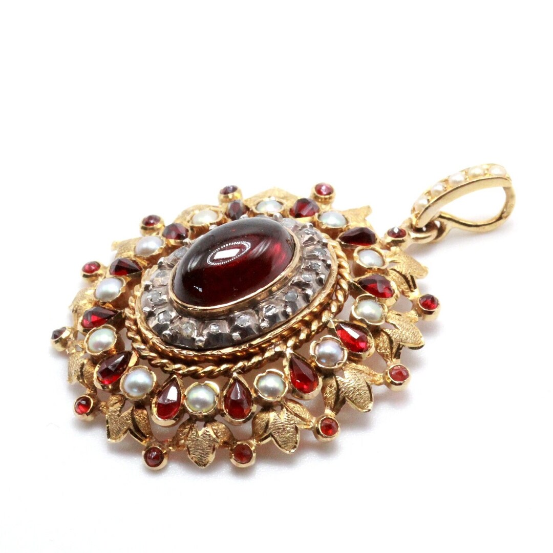 Antique 19K Gold Garnet Carbuncle Diamond Pearl Cranberry Portuguese ...