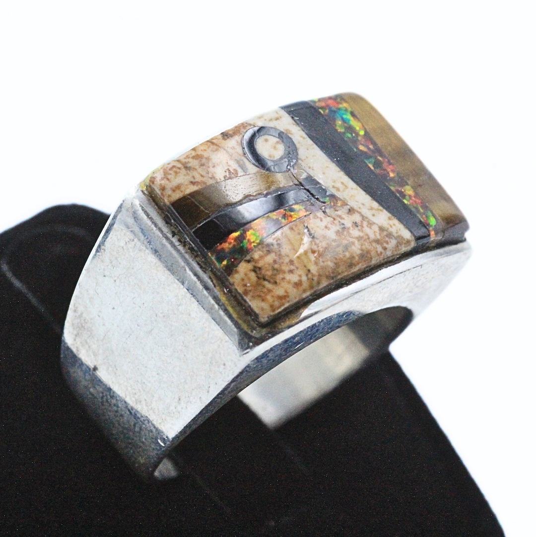 Calvin Begay Navajo Contemporary Sterling Silver Opal Tiger's Eye Agate ...