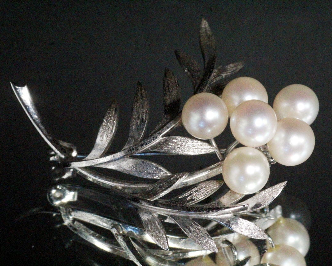 Vintage Sterling Silver Japanese Akoya Pearl Textured Leaf Spray Pin Brooch - Etsy