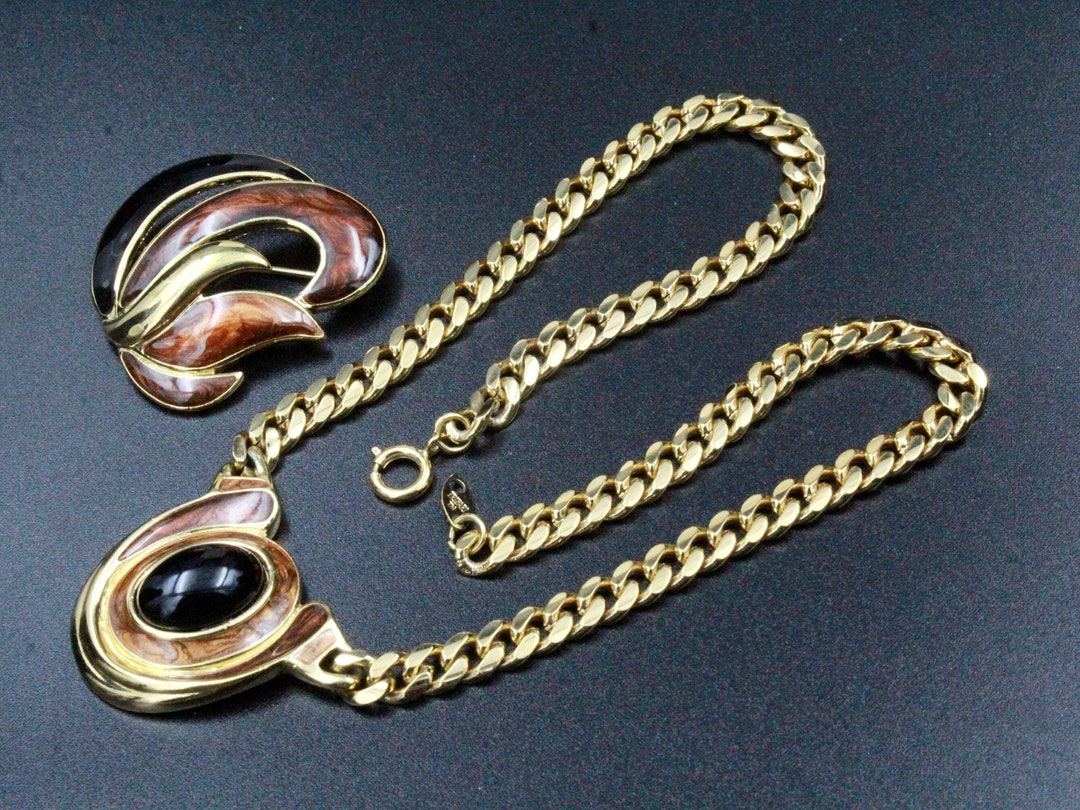 Vintage Mint Trifari TM Brown Enamel Black Cabochon Necklace Set - Etsy