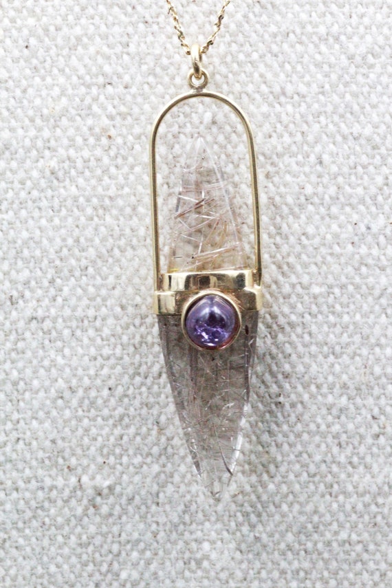 14k Gold Modern Rutilated Quartz Amethyst Necklace - Gem