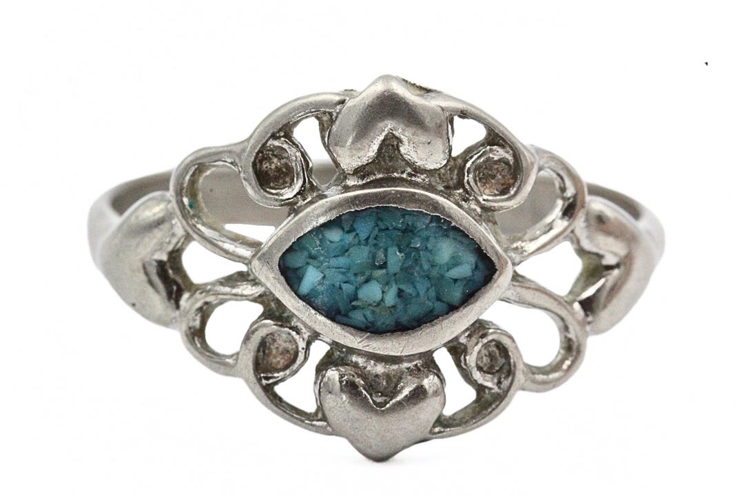Marked DS Sterling Silver Cut Out Crushed Turquoise Ring Sz 9 - Etsy